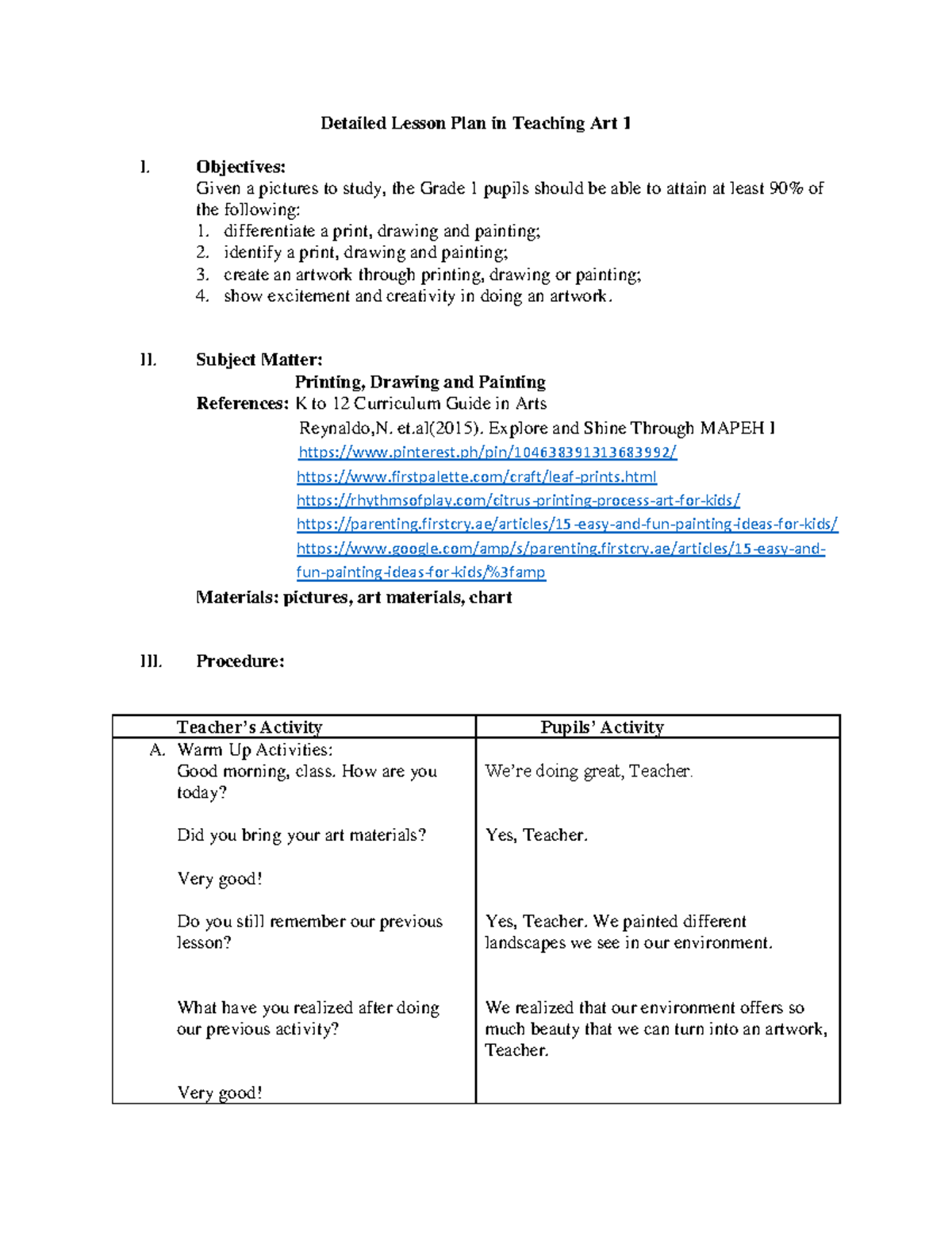 Detailed Lesson Plan for Art 1 - Final Submission (BEED 3C) - Studocu