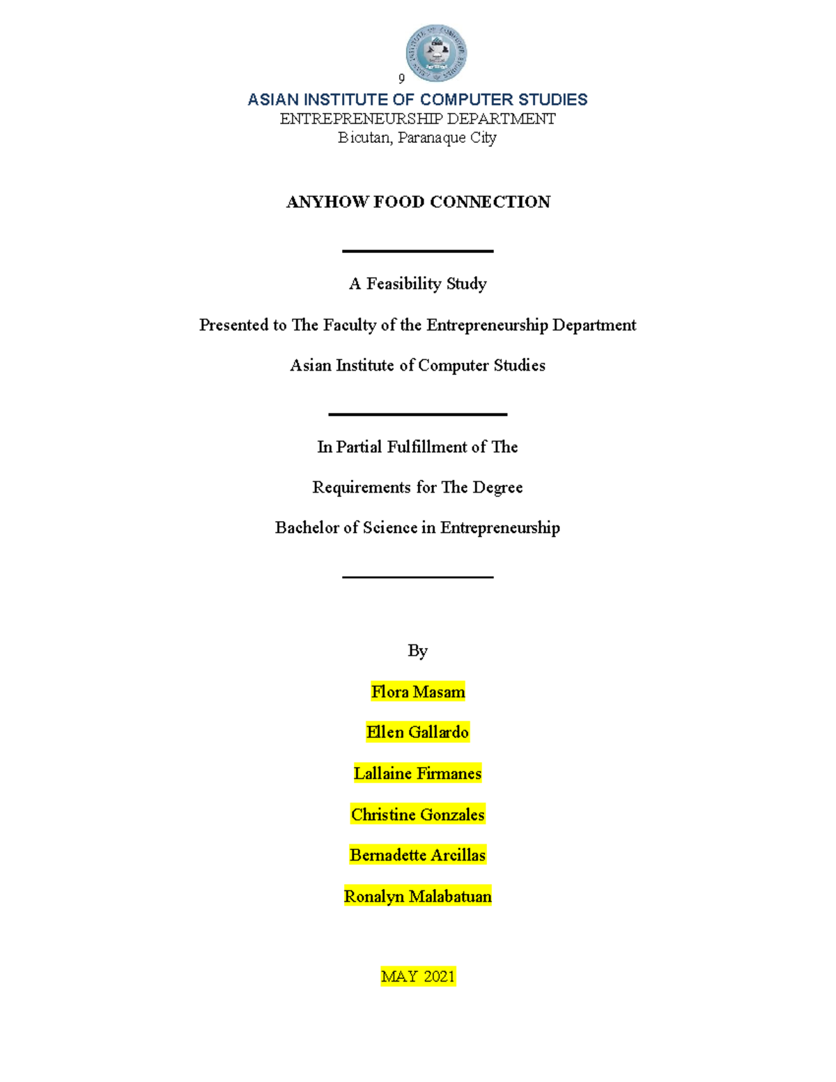 Feasibility Study: AnyHow Food Connection (BSC-ENT) - Studocu