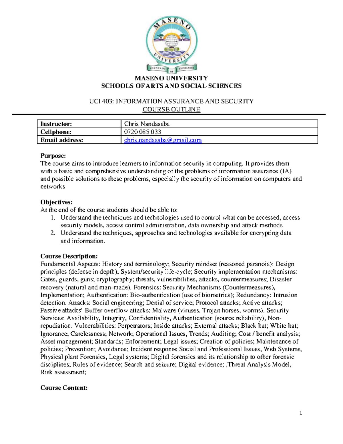 UCI 403 Information Assurance & Security Course Outline Overview - Studocu