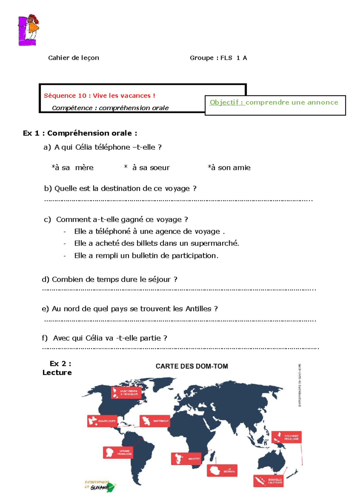 Cahier de leçon FLS 1A Séquence 10 : Compréhension orale et lecture ...