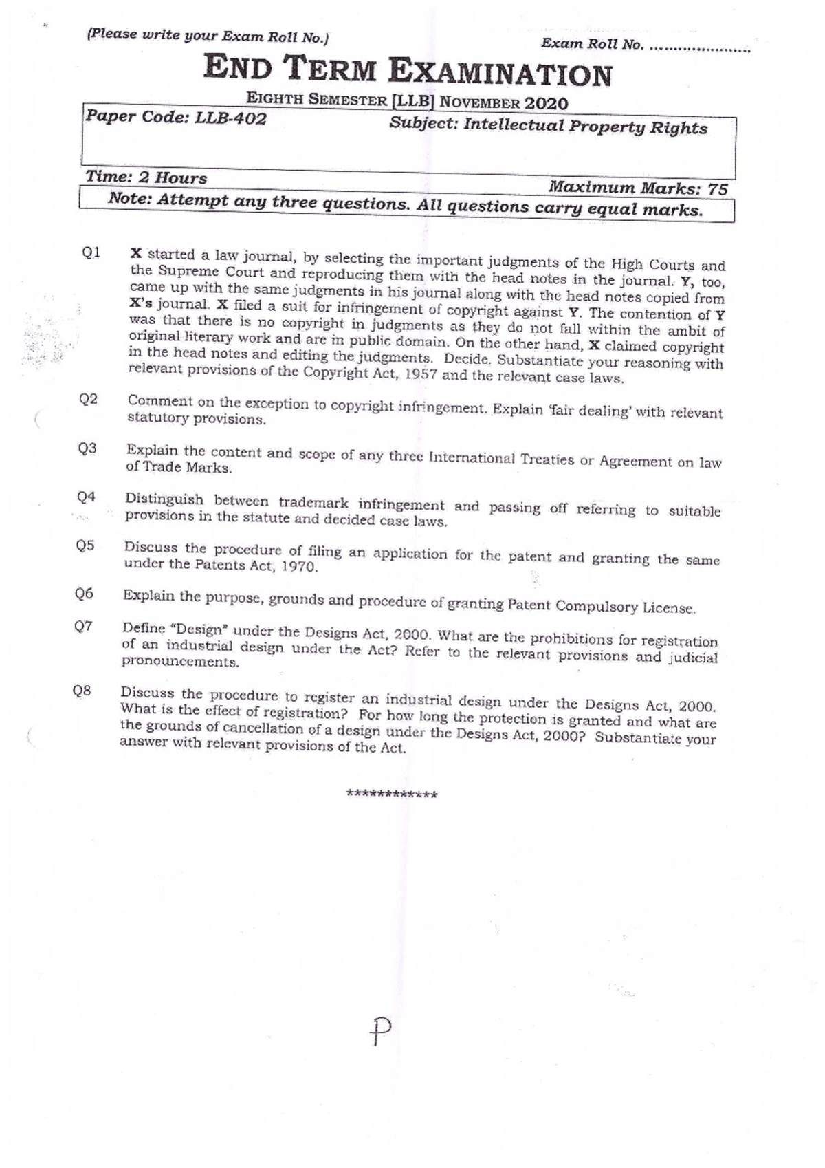 Exam Roll No. END TERM EXAMINATION EIGHTH SEMESTER NOVEMBER 2020 Paper ...