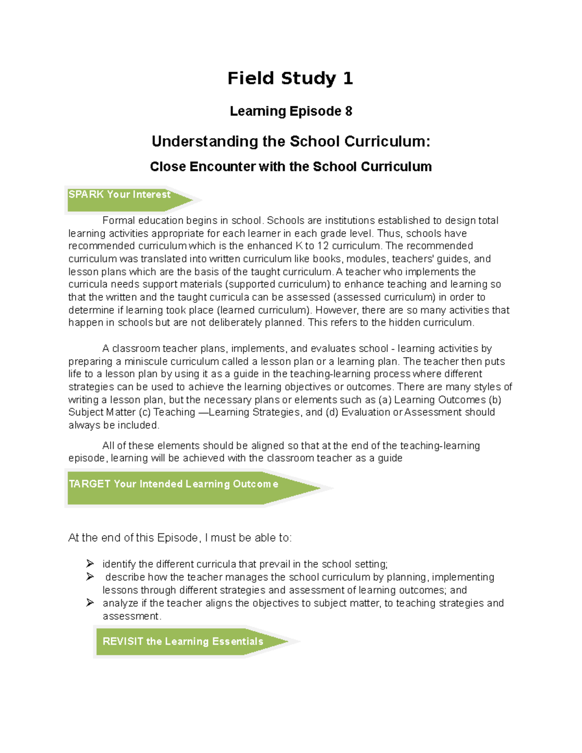 Field Study 1: Understanding School Curriculum (Learning Episode 8 ...