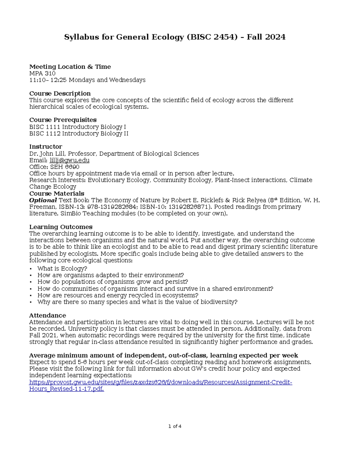 BISC 2454 General Ecology Fall 2024 Lecture Syllabus v1 - Studocu