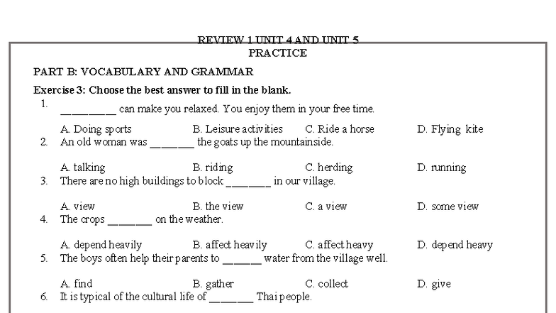 REVIEW 1: UNIT 4 & UNIT 5 PRACTICE - VOCAB & GRAMMAR EXERCISES (45 BẢN ...