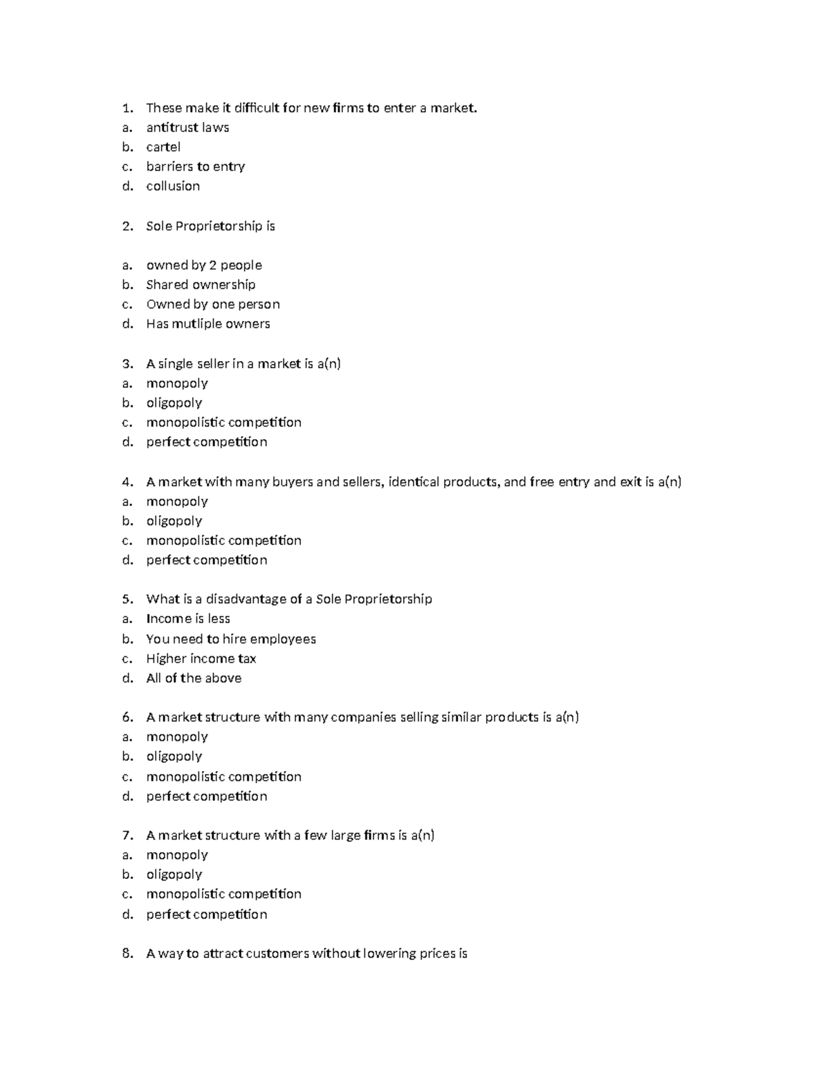 Quiz 2 - Chapter 6-7: Market Structures & Business Ownership - Studocu