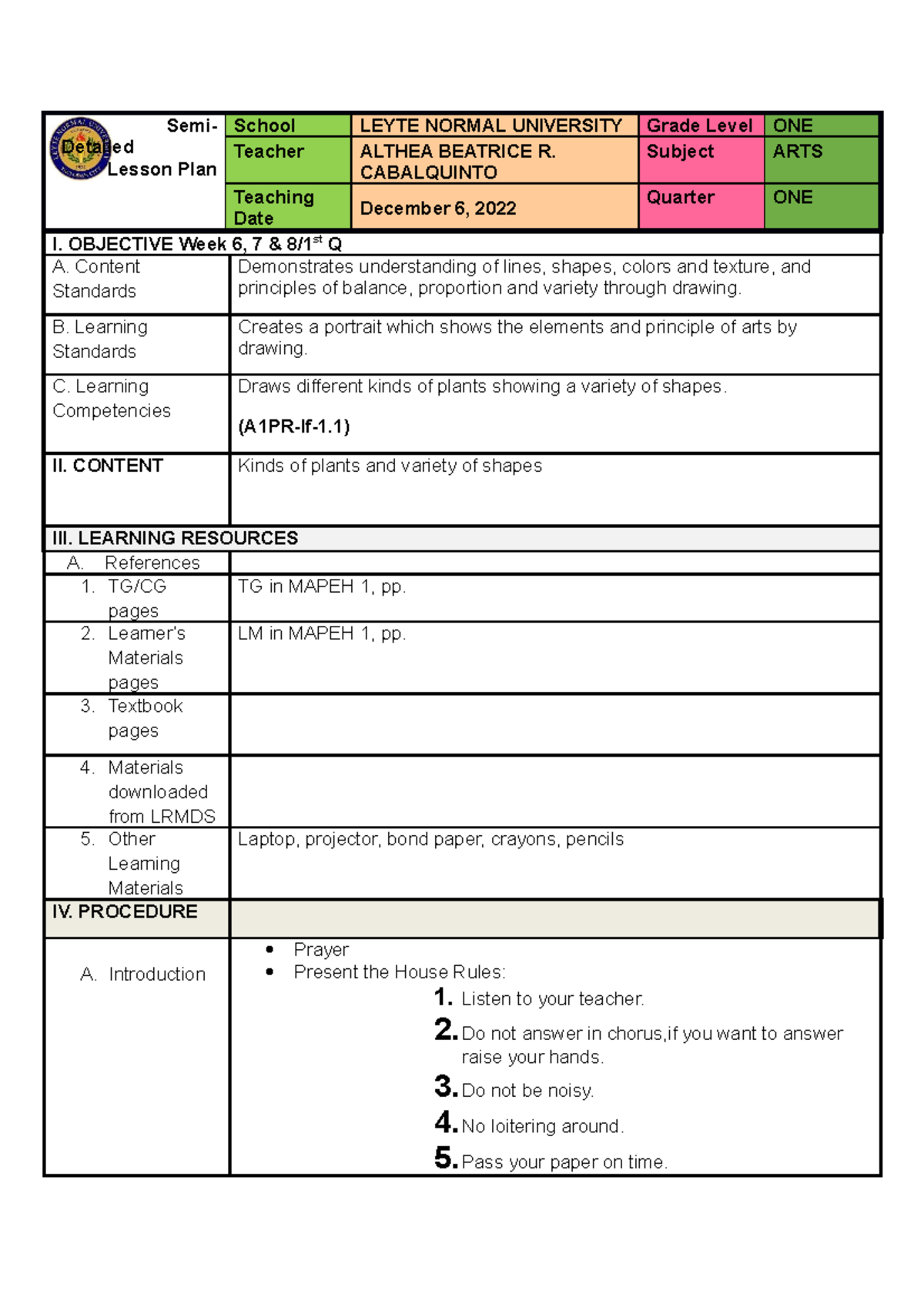 EDUC 102 Lesson PLAN - Semi- Detailed Lesson Plan School LEYTE NORMAL ...