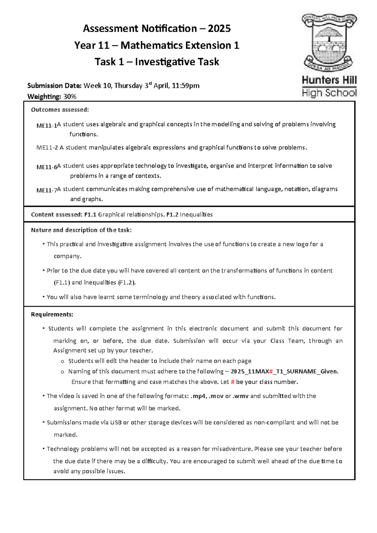2025 Year 11 Mathematics Extension 1 Task 1: Investigative Logo Design ...