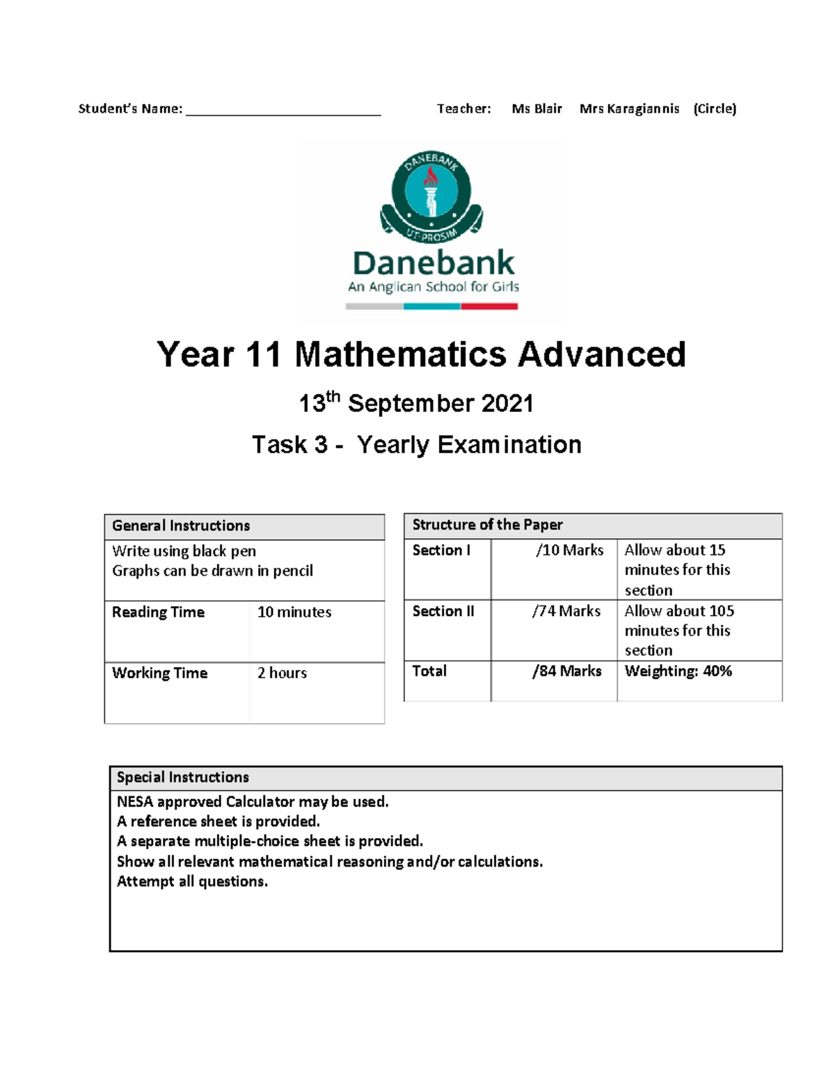 2021 Year 11 Mathematics Advanced Task 3 Exam Solutions - Studocu