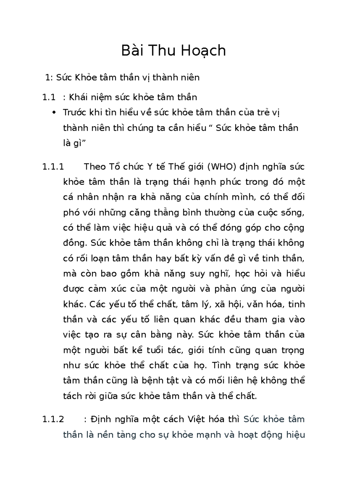Bài Thu Hoạch - mmjj - Bài Thu Hoạch 1: Sức Khỏe tâm thần vị thành niên ...