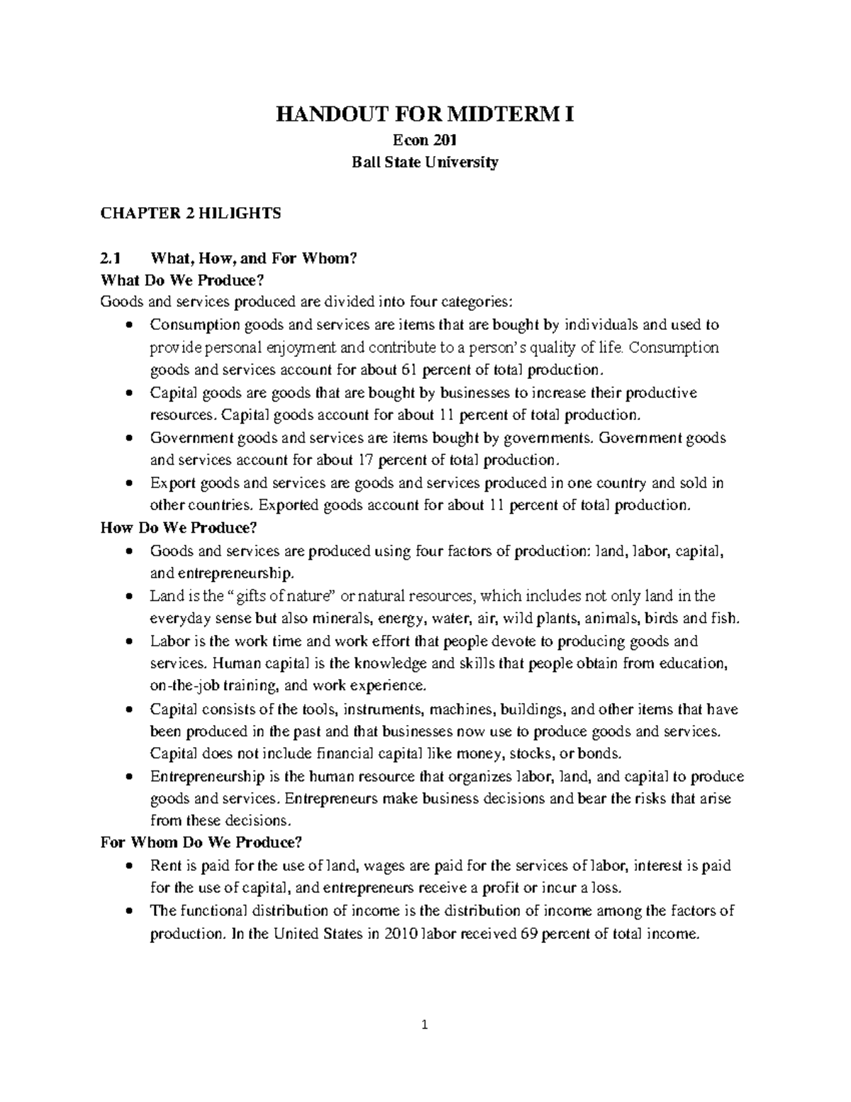 Econ 201 Midterm I Study Guide: Key Concepts & Highlights - Studocu