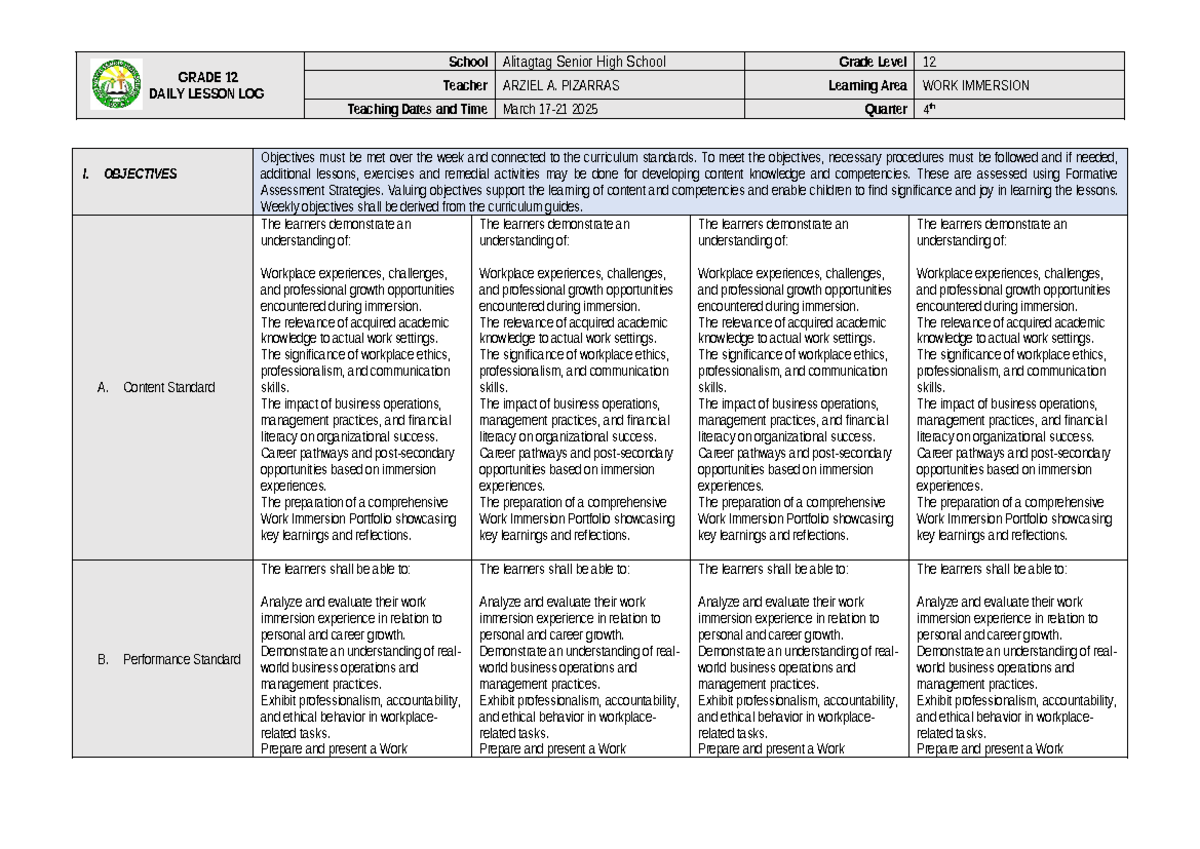 Grade 12 Work Immersion Daily Lesson Log: Week 13 Objectives & Insights ...