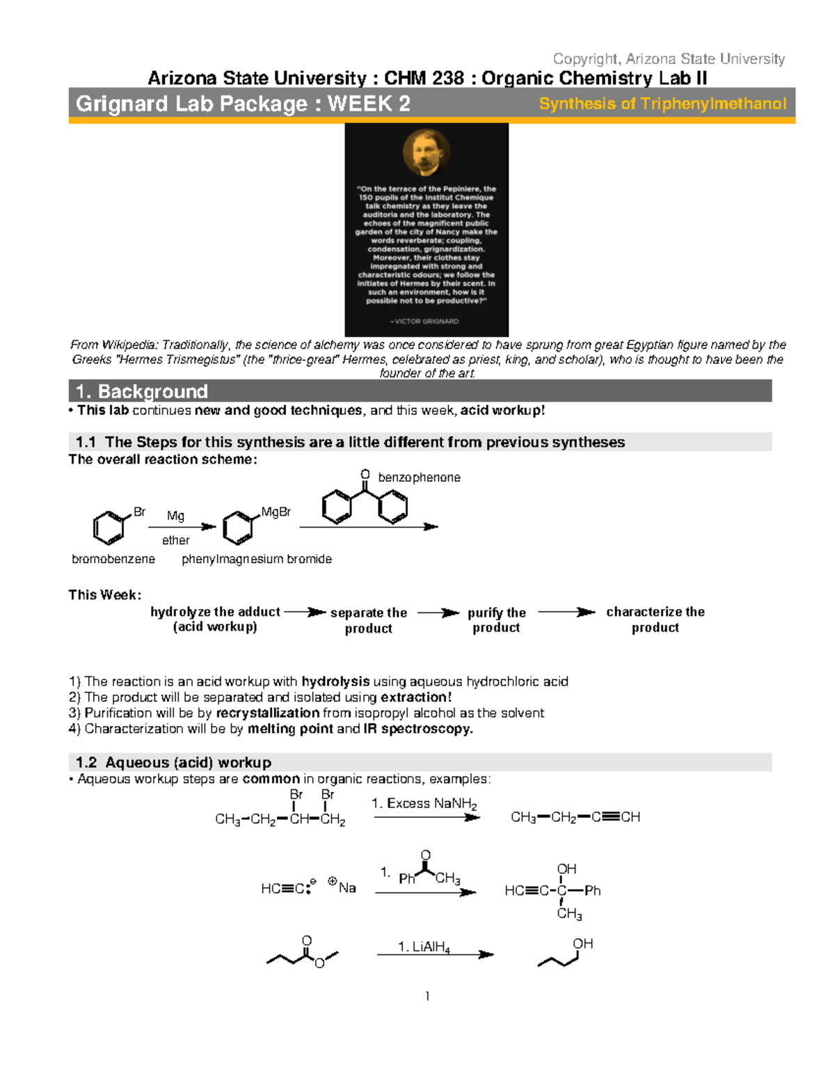 Grignard Lab II (CHM 238) - Week 2: Synthesis of Triphenylmethanol ...