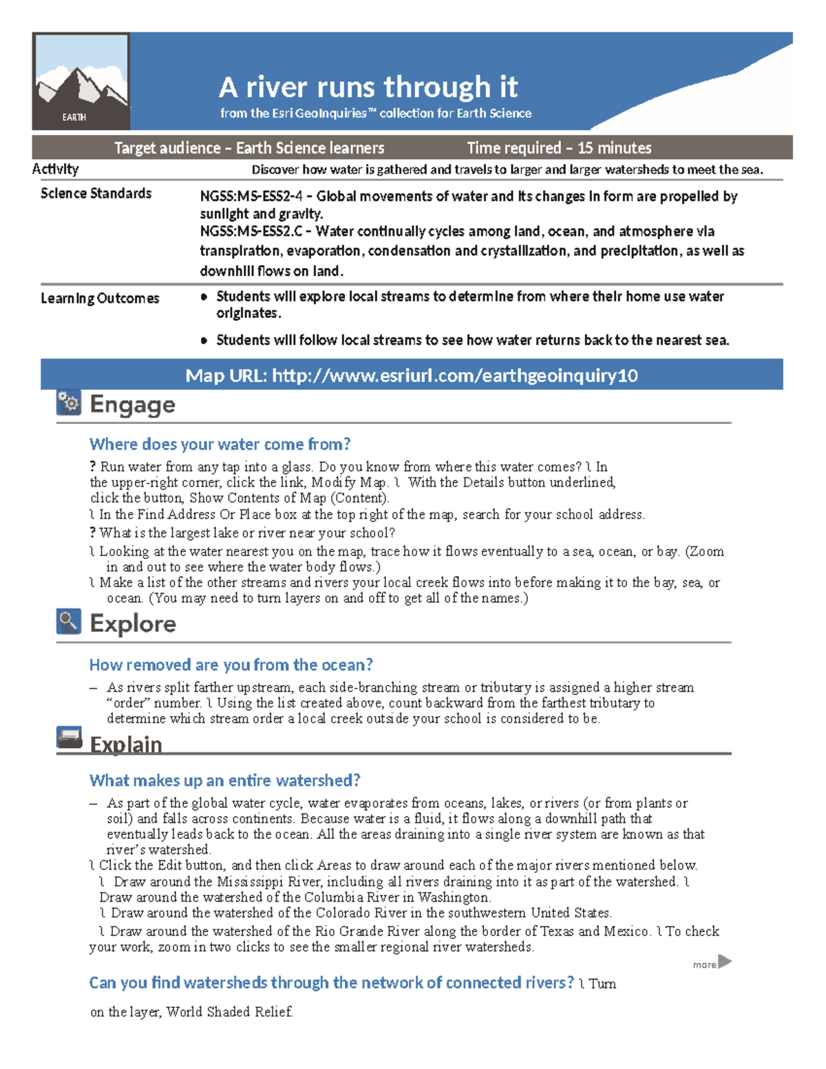 Exploring Watersheds: A GeoInquiry for EARTH 10 Freshwater - Studocu