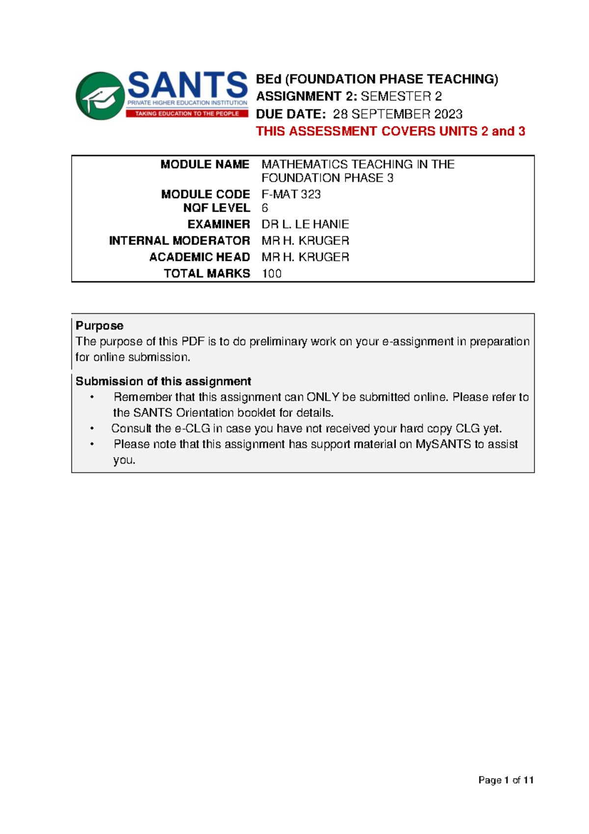 F-MAT 323: Assignment 2 on Mathematics Teaching in Foundation Phase ...