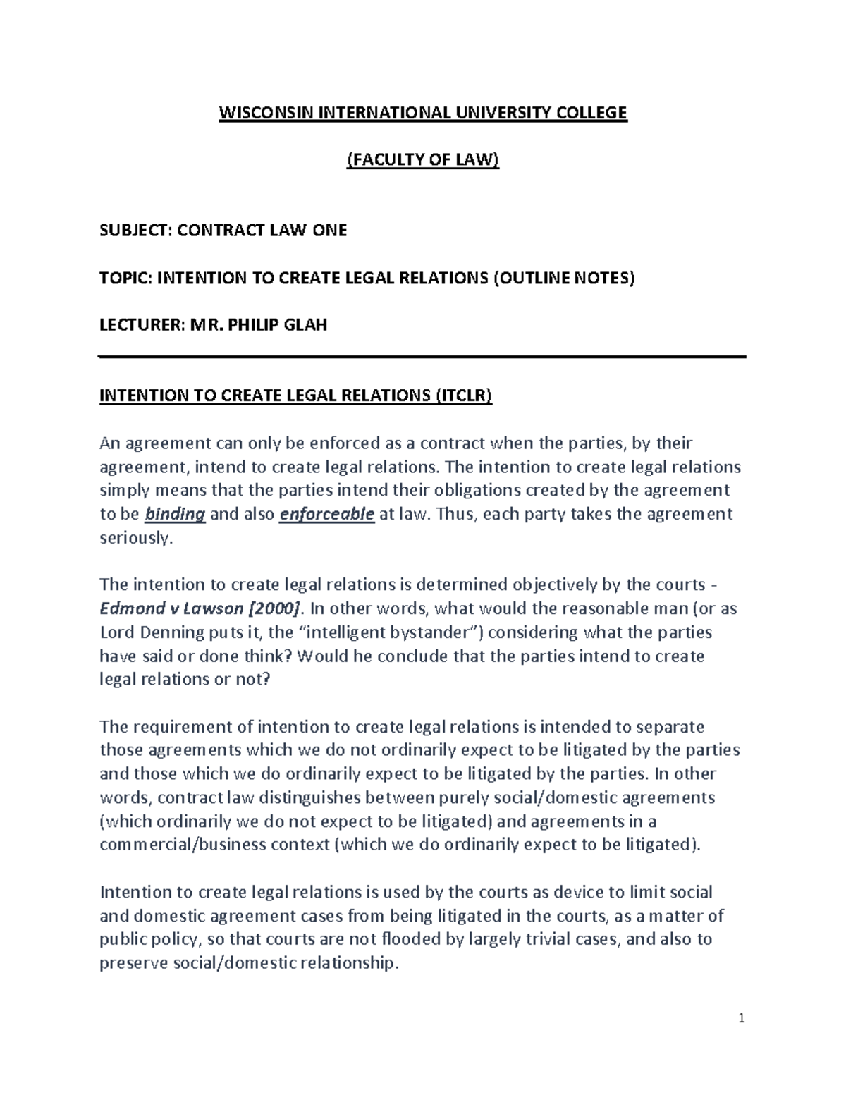 Contract Law I: Intention to Create Legal Relations (Outline Notes ...