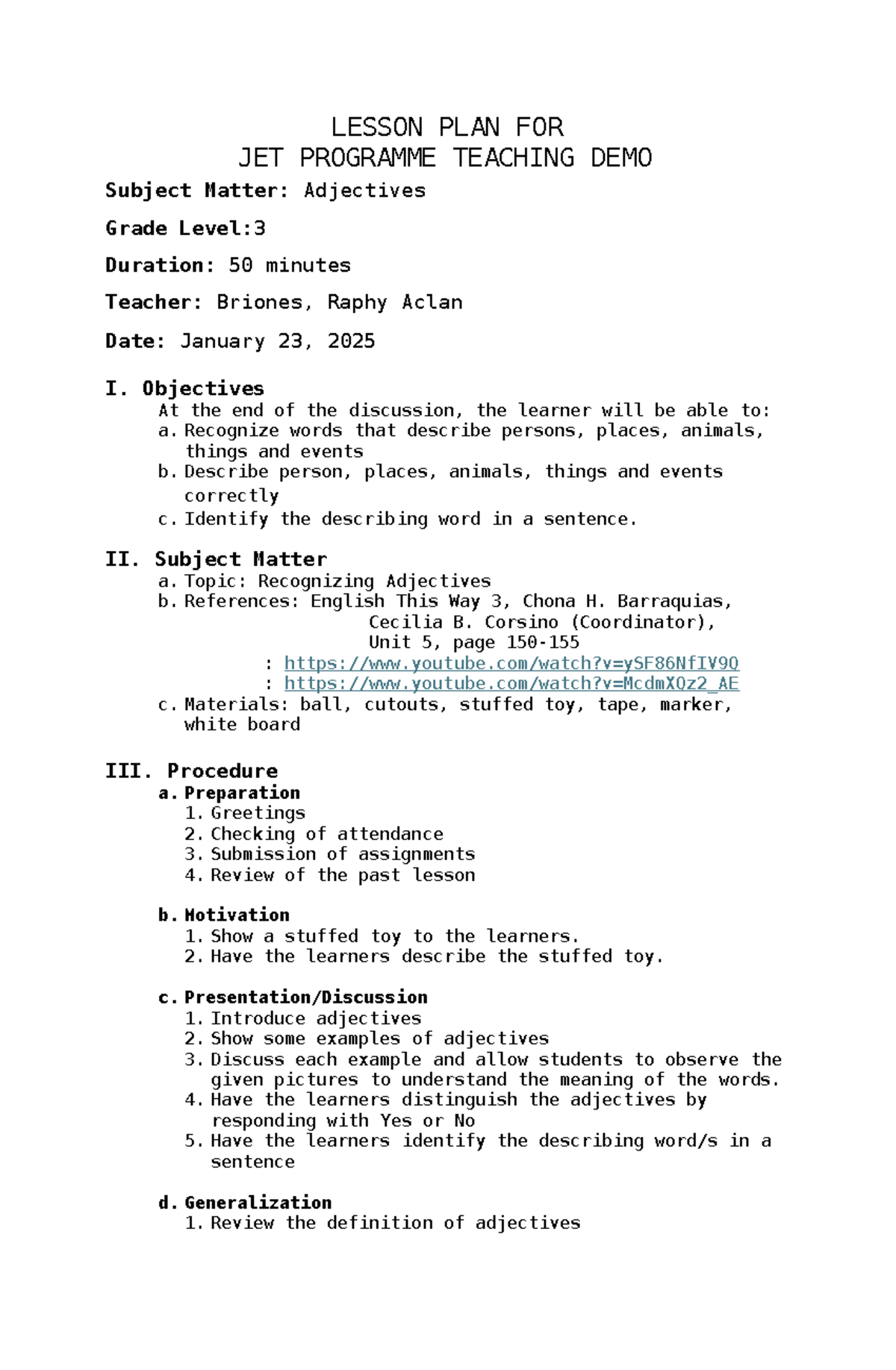 Lesson PLAN FOR JET Programme Teaching DEMO - LESSON PLAN FOR JET ...