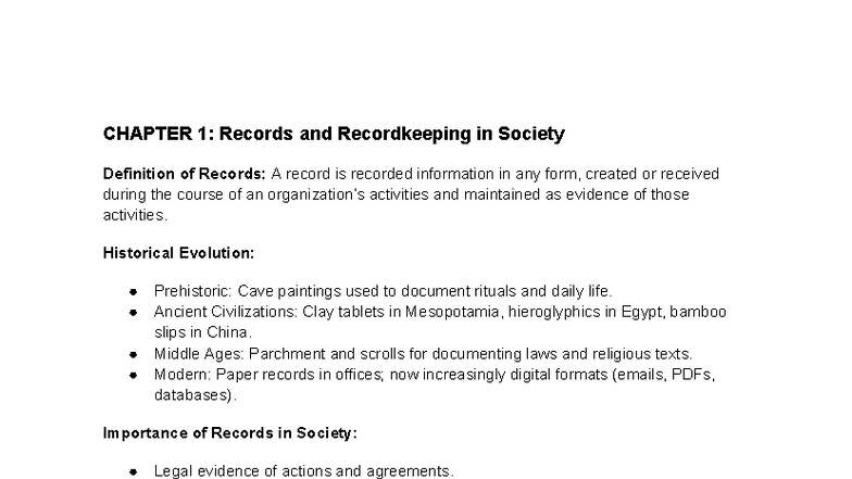 BTM453: Chapter Notes on Records and Recordkeeping in Society - Studocu
