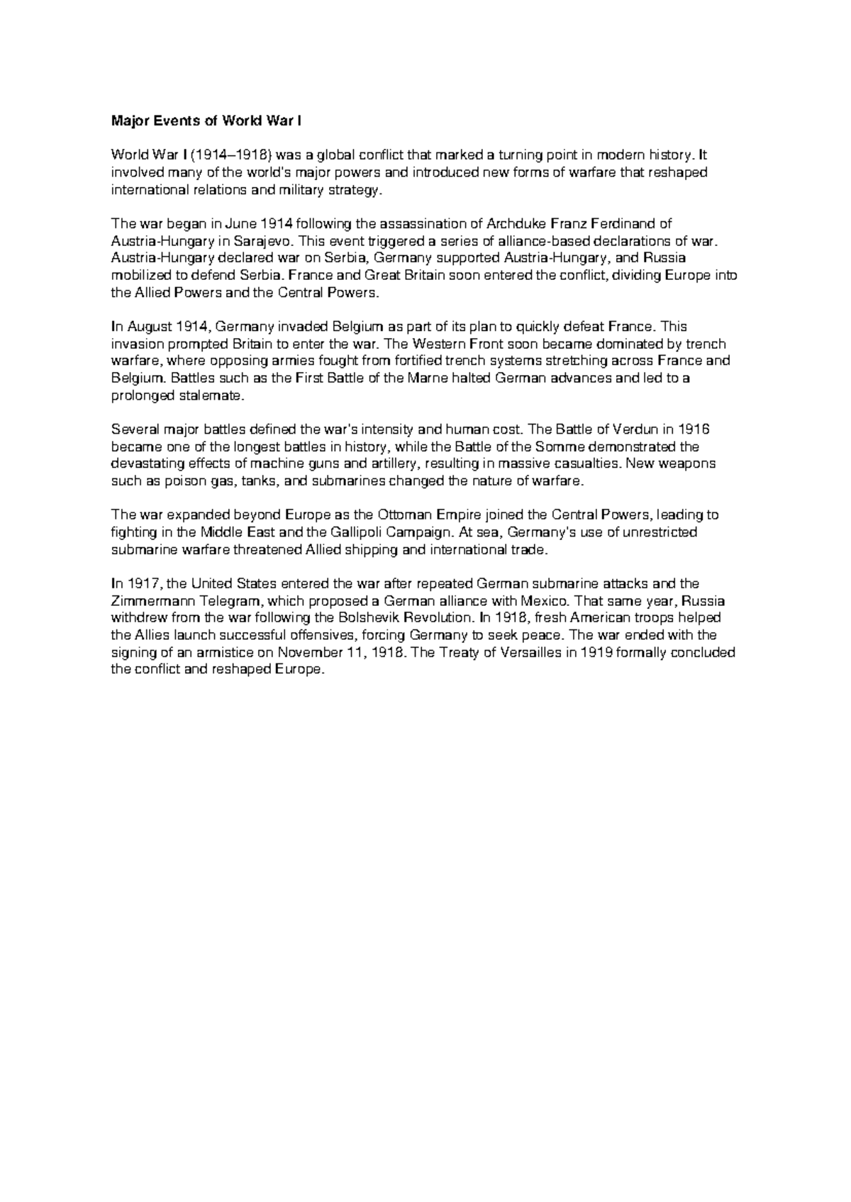 World War I Major Events Overview: Key Battles & Outcomes - Studocu