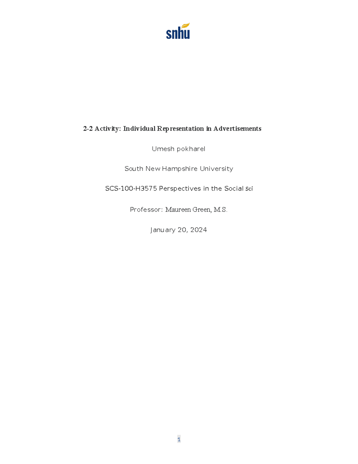 SCS 100 Module Two Activity: Representation in Advertisements - Studocu