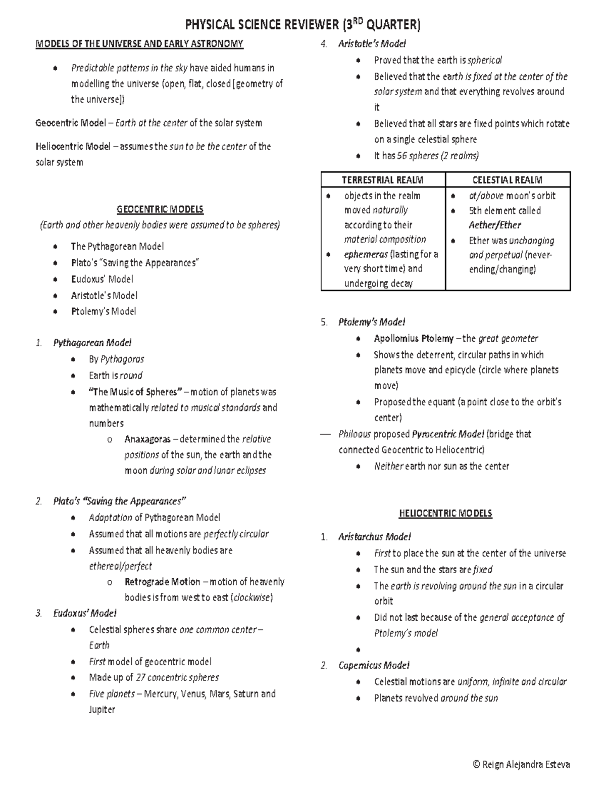 Physical Science Review Guide - MODELS OF THE UNIVERSE AND EARLY ...