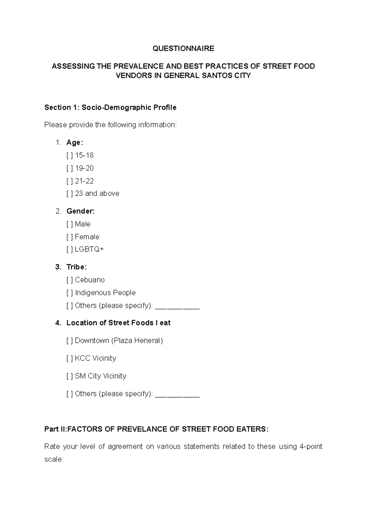 Questionnaire: Assessing Street Food Vendor Practices in General Santos ...