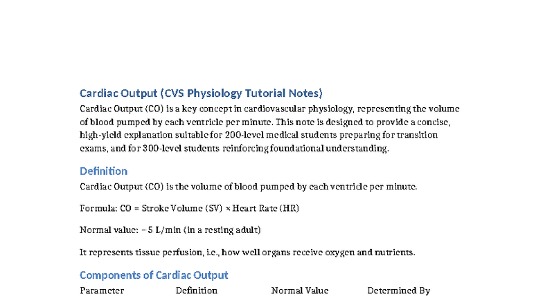 Cardiac Output (CO) High Yield Tutorial Notes for CVS Physiology - Studocu