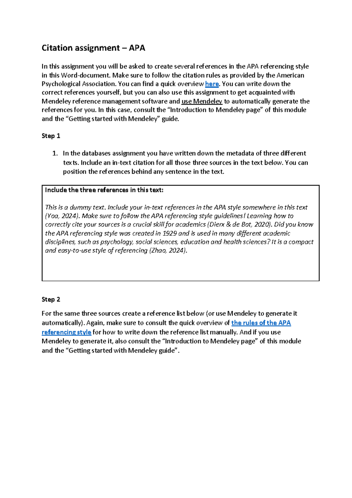APA Citation Assignment Guidelines and Mendeley Usage - Studeersnel