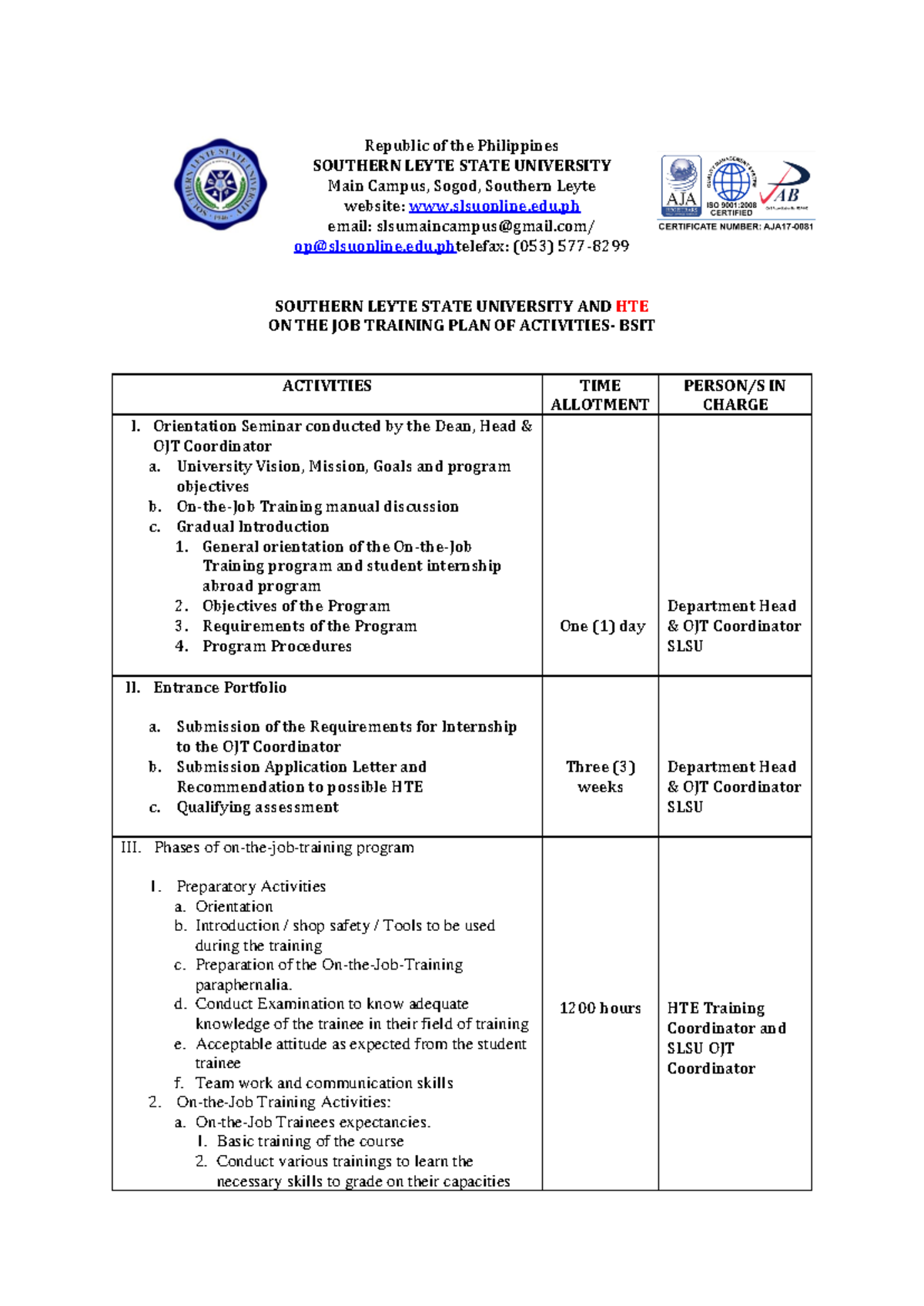 OJT Training Plan Activities for BSIT - Southern Leyte State Univ. - Studocu