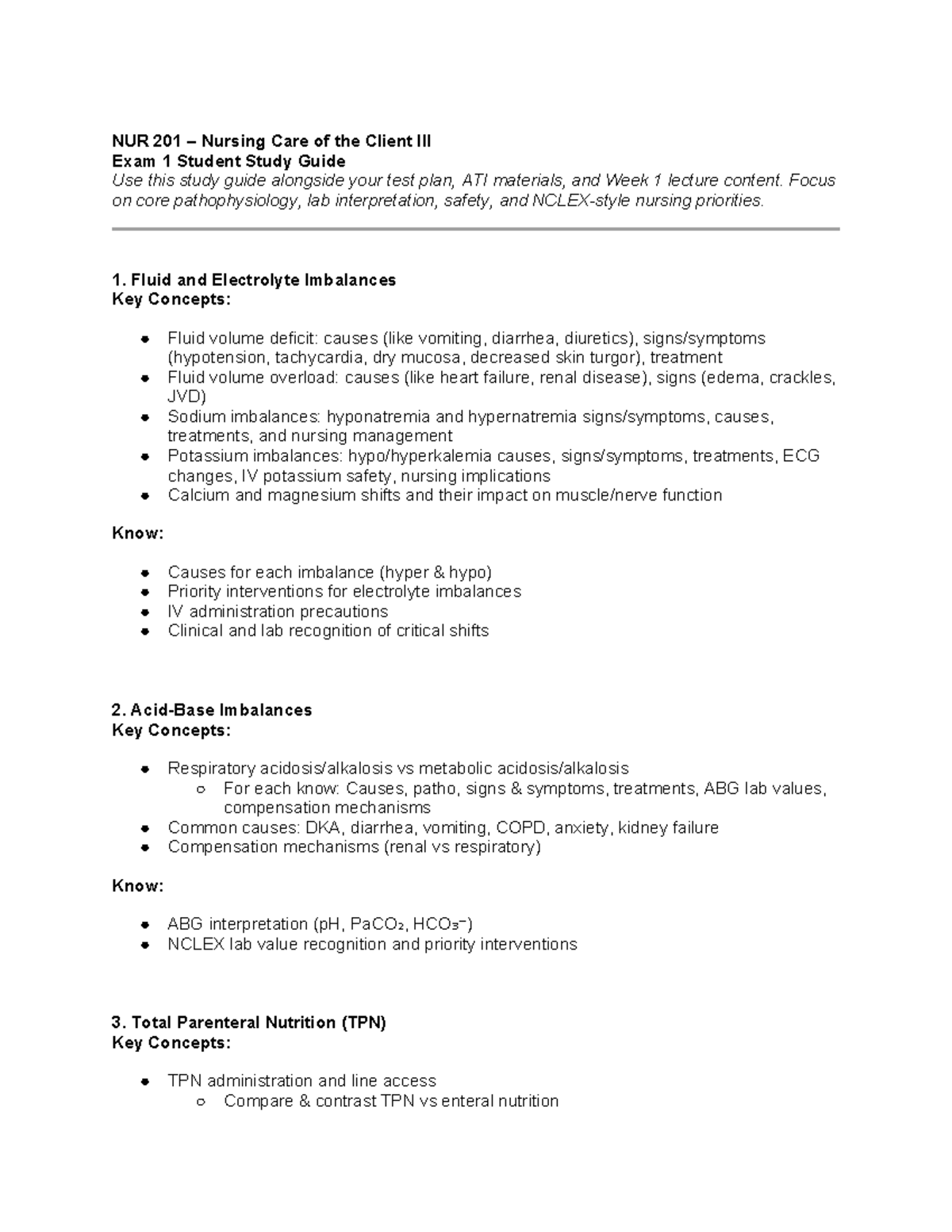 NUR 201 Exam 1 Study Guide: Nursing Care & Client Management - Studocu