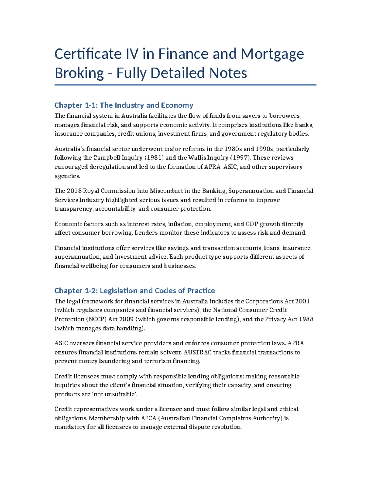 Certificate IV in Finance & Mortgage Broking: Detailed Study Notes ...