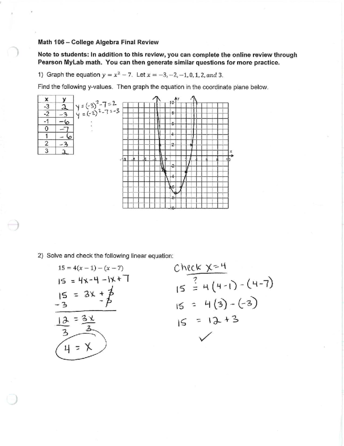 Math 106 College Algebra Final Exam Study Guide and Review Notes - Studocu