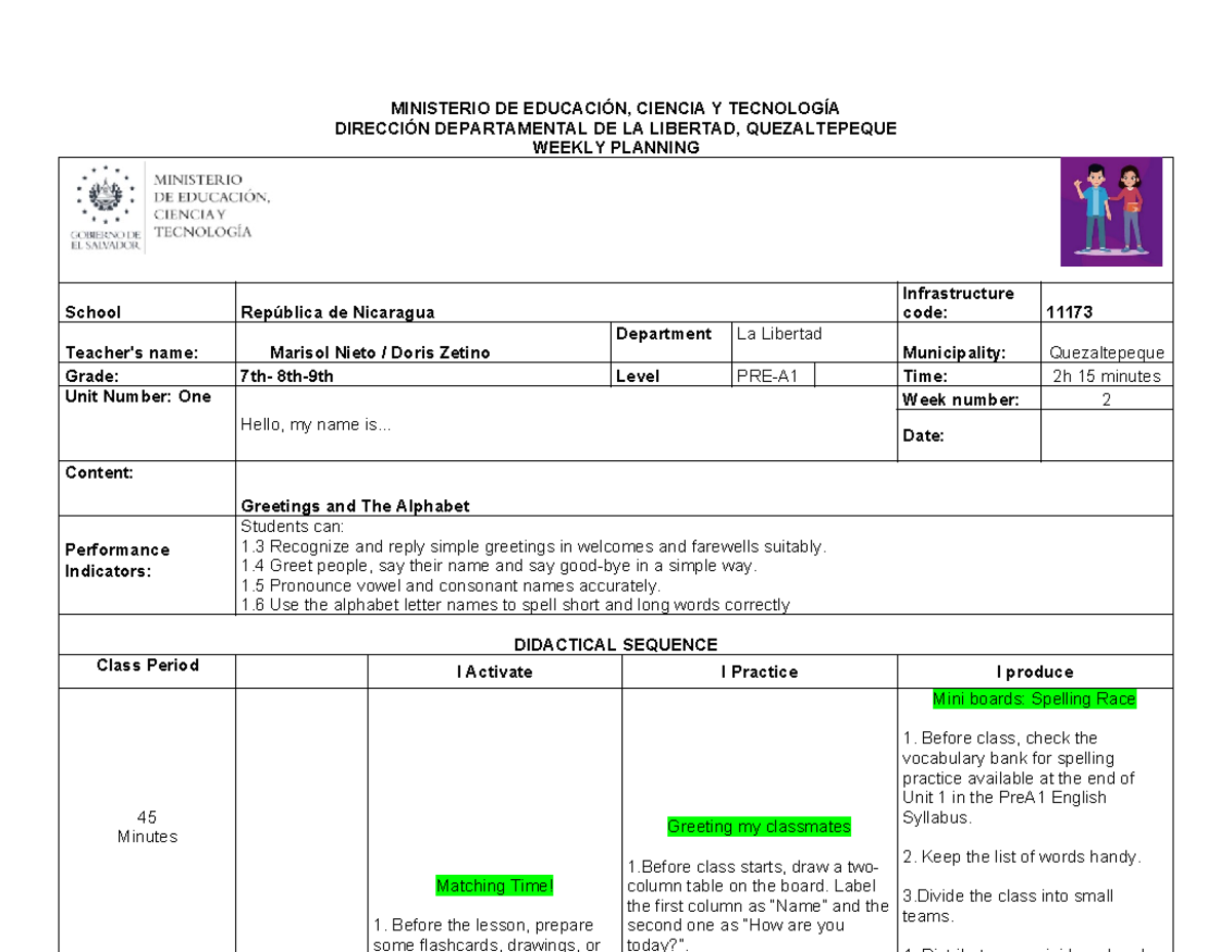 Unit 1 Week 2 - Lesson Plan for 7th-9th Grade PRE-A1 English - Studocu
