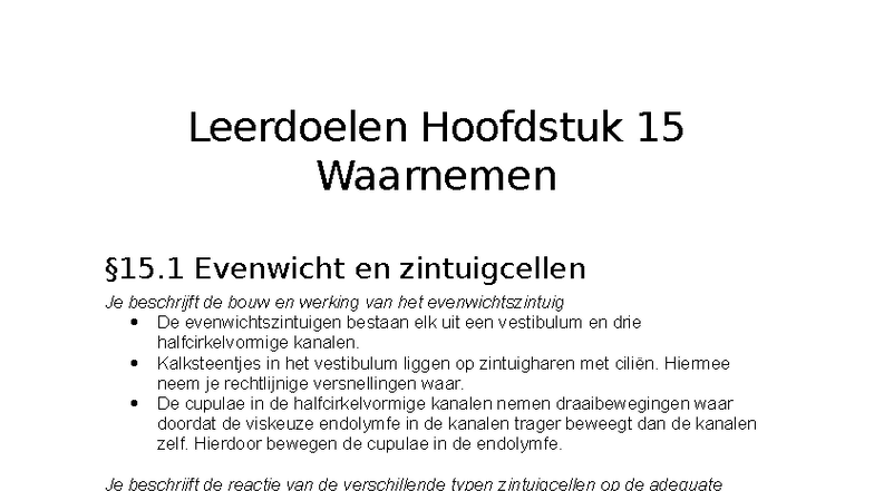 Leerdoelen Hoofdstuk 15: Zintuigcellen en Evenwicht in Biologie ...