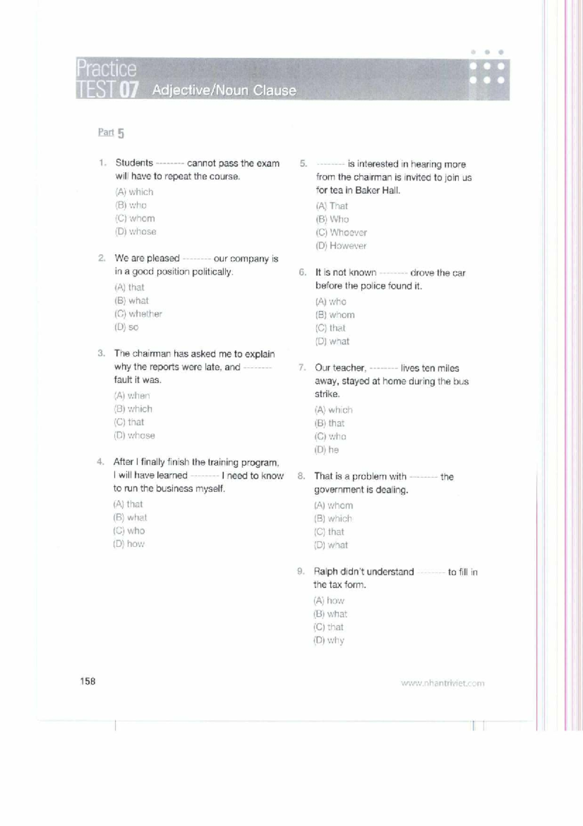 Practice TEST 07: Clause Questions and Answers for Rainbow 7 - Studocu