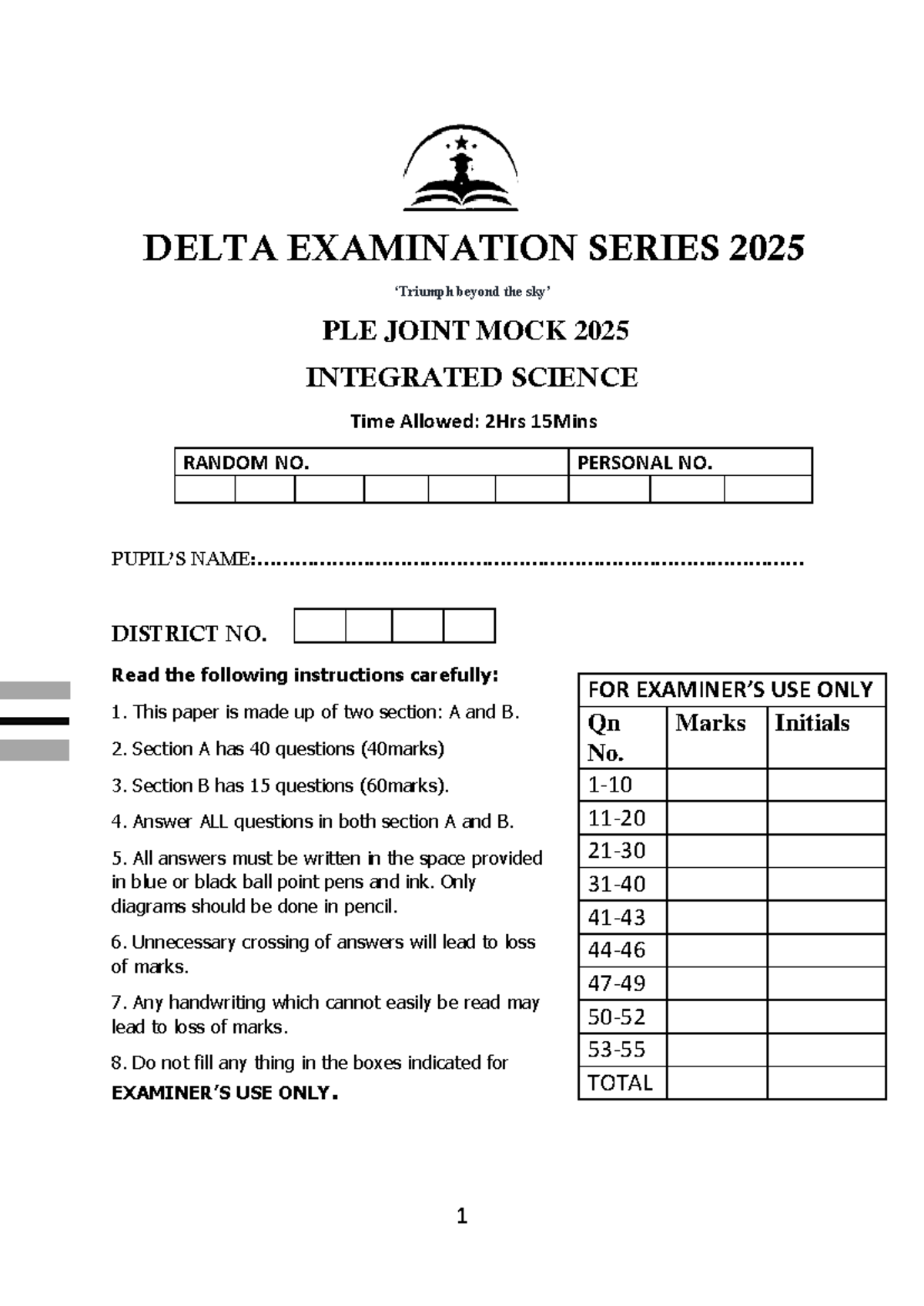 PLE Joint Mock 2025 Integrated Science Examination Guide - Studocu
