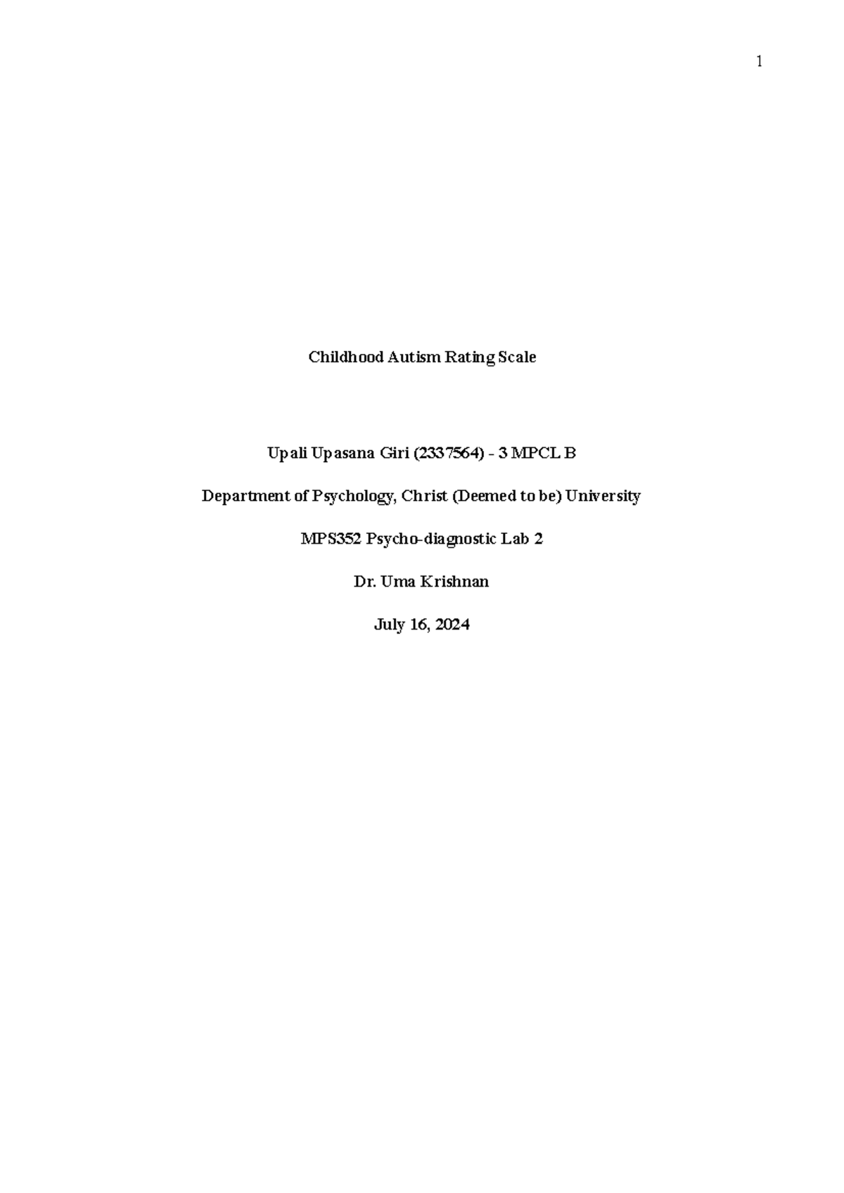 Childhood Autism Rating Scale (CARS2-ST) Assessment Summary - MPS352 ...