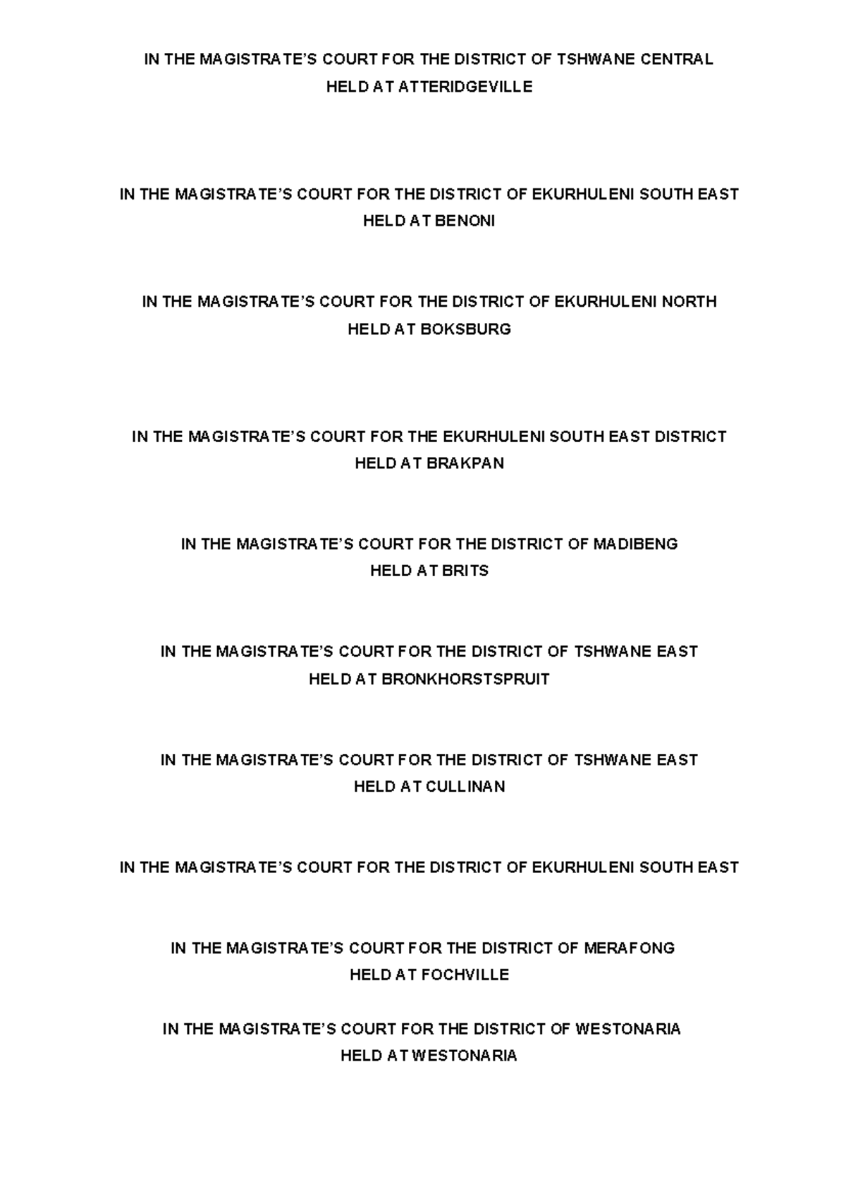 HOF Kopstukke/Citations: Magistrate's Court District Profiles - Studocu