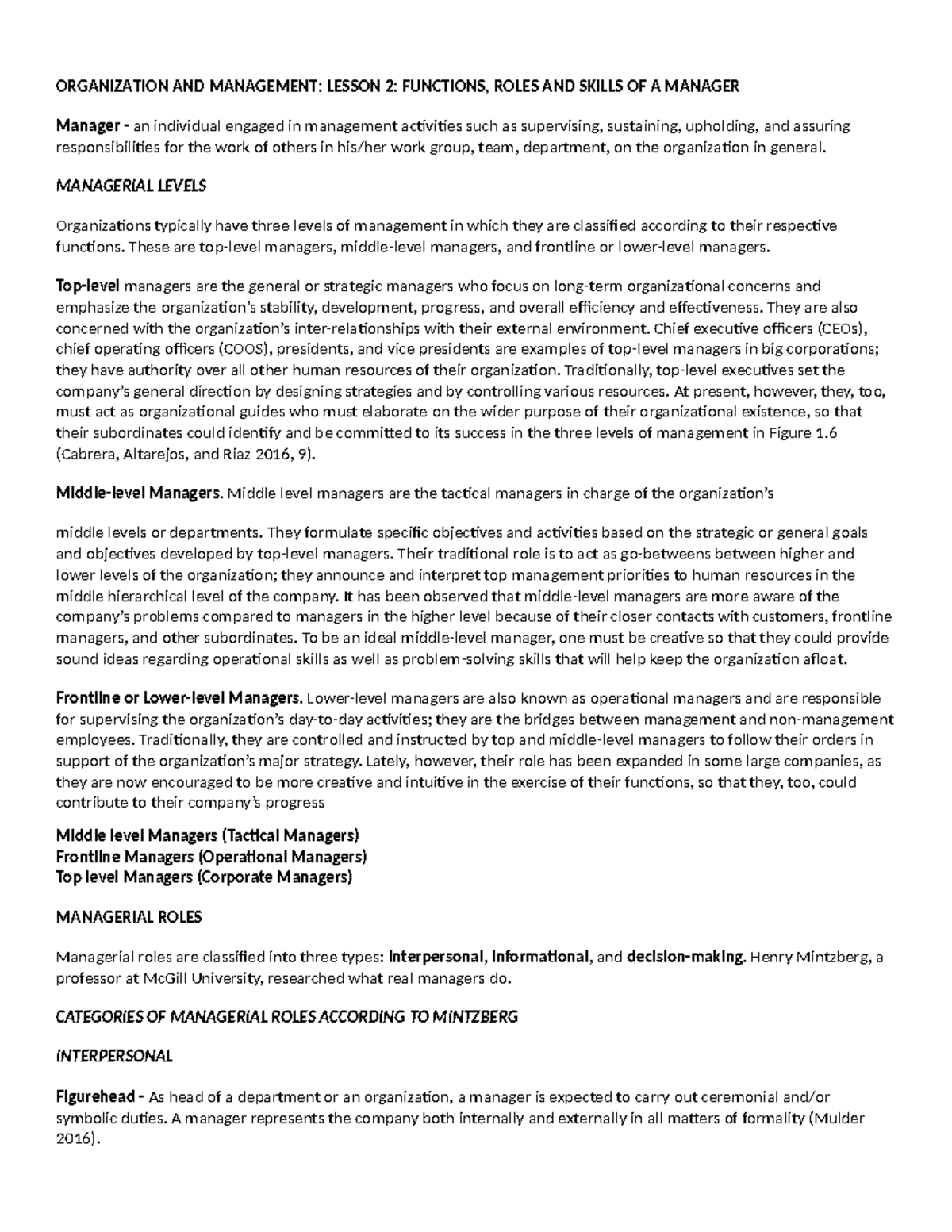 Lesson 2: Functions, Roles & Skills of Managers - Org & Mgt Notes - Studocu