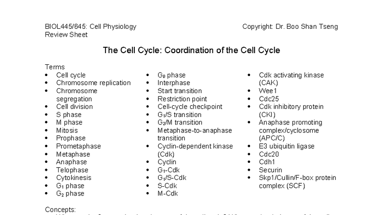 Cell Cycle Review Sheet (BIO 101) - Key Concepts & Terms - Studocu