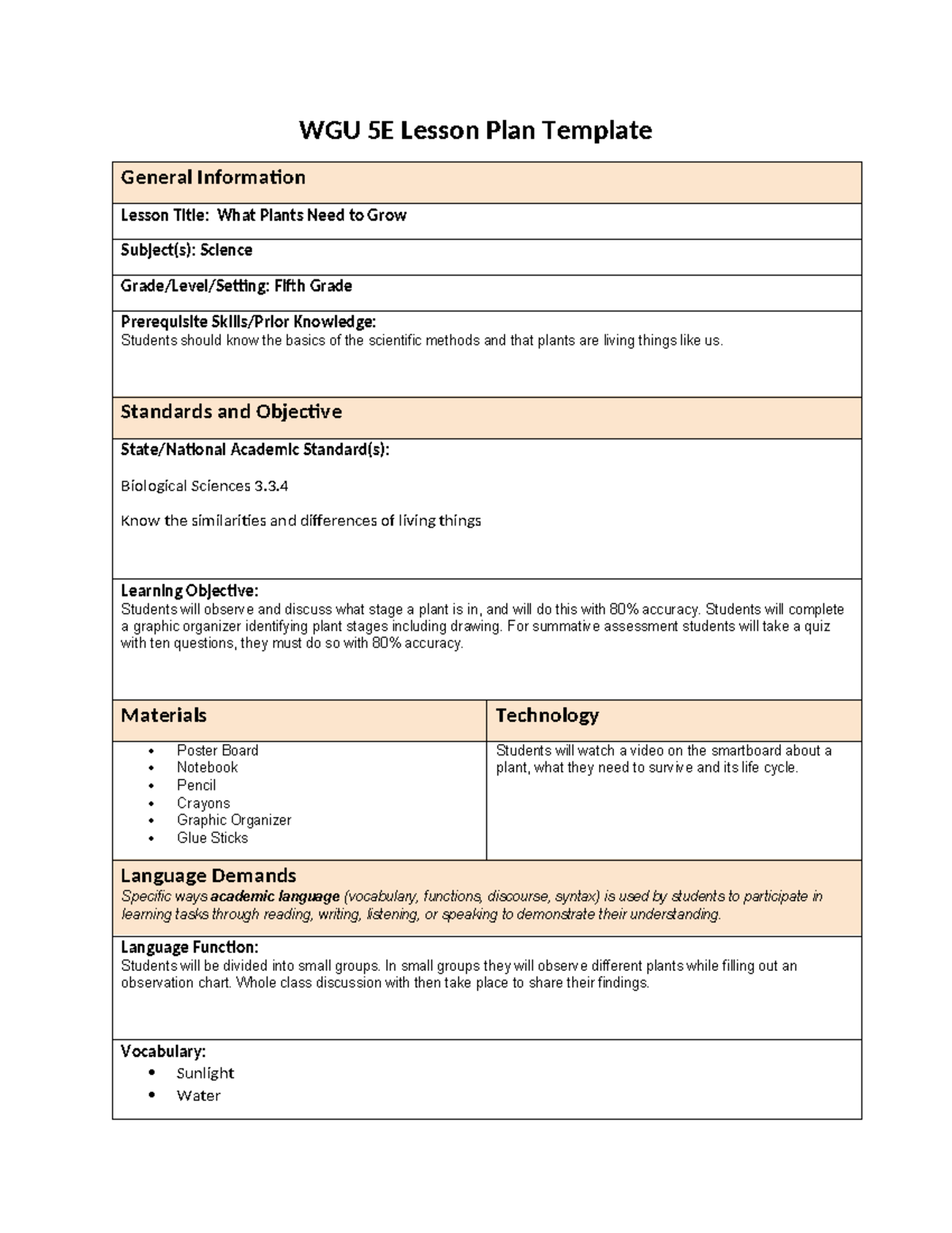 WGU 5E Lesson Plan: Understanding Plant Growth for 5th Grade Science ...