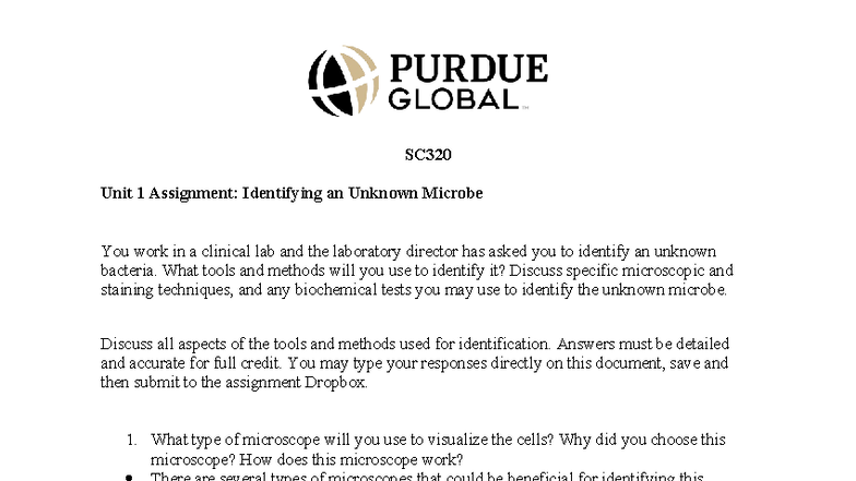 SC320 Unit 1 Assignment: Methods for Identifying Unknown Microbes - Studocu