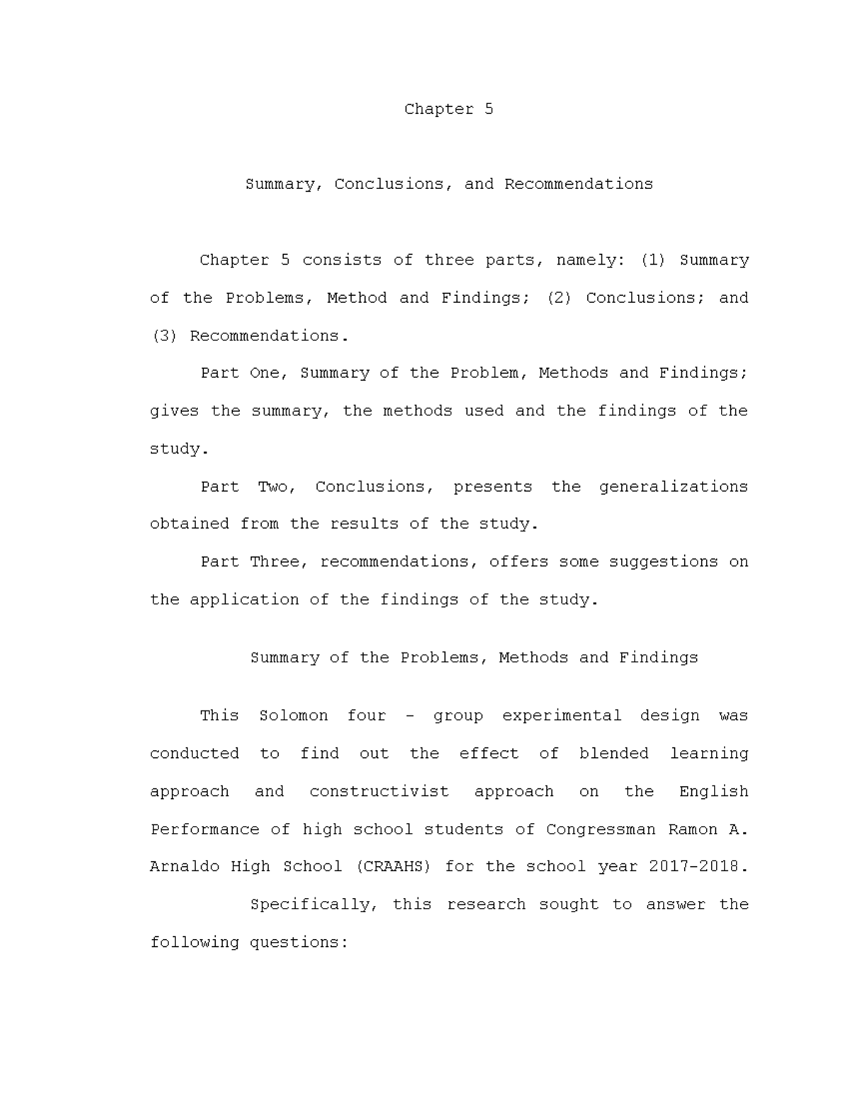 Research- Chapter 5 - Chapter 5 Summary, Conclusions, and ...