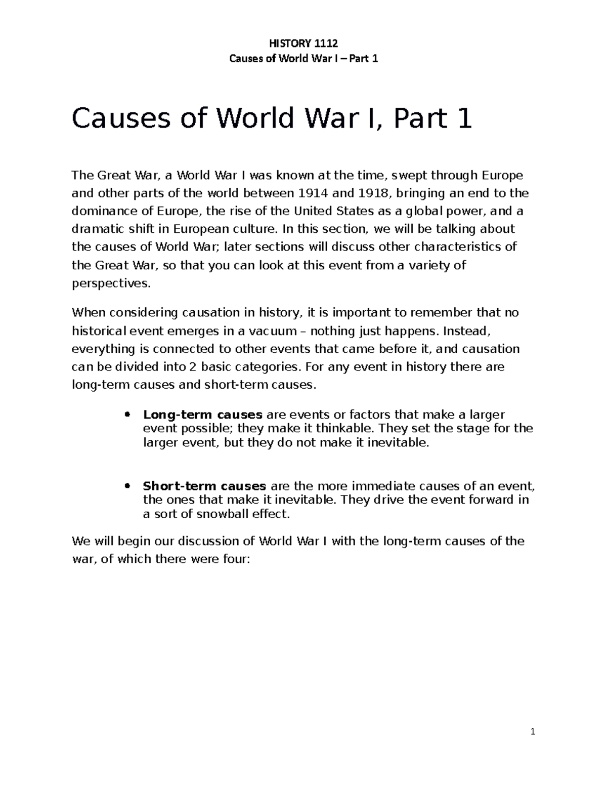 HIST 1112 - Long-Term Causes of World War I - Part 1 Analysis - Studocu