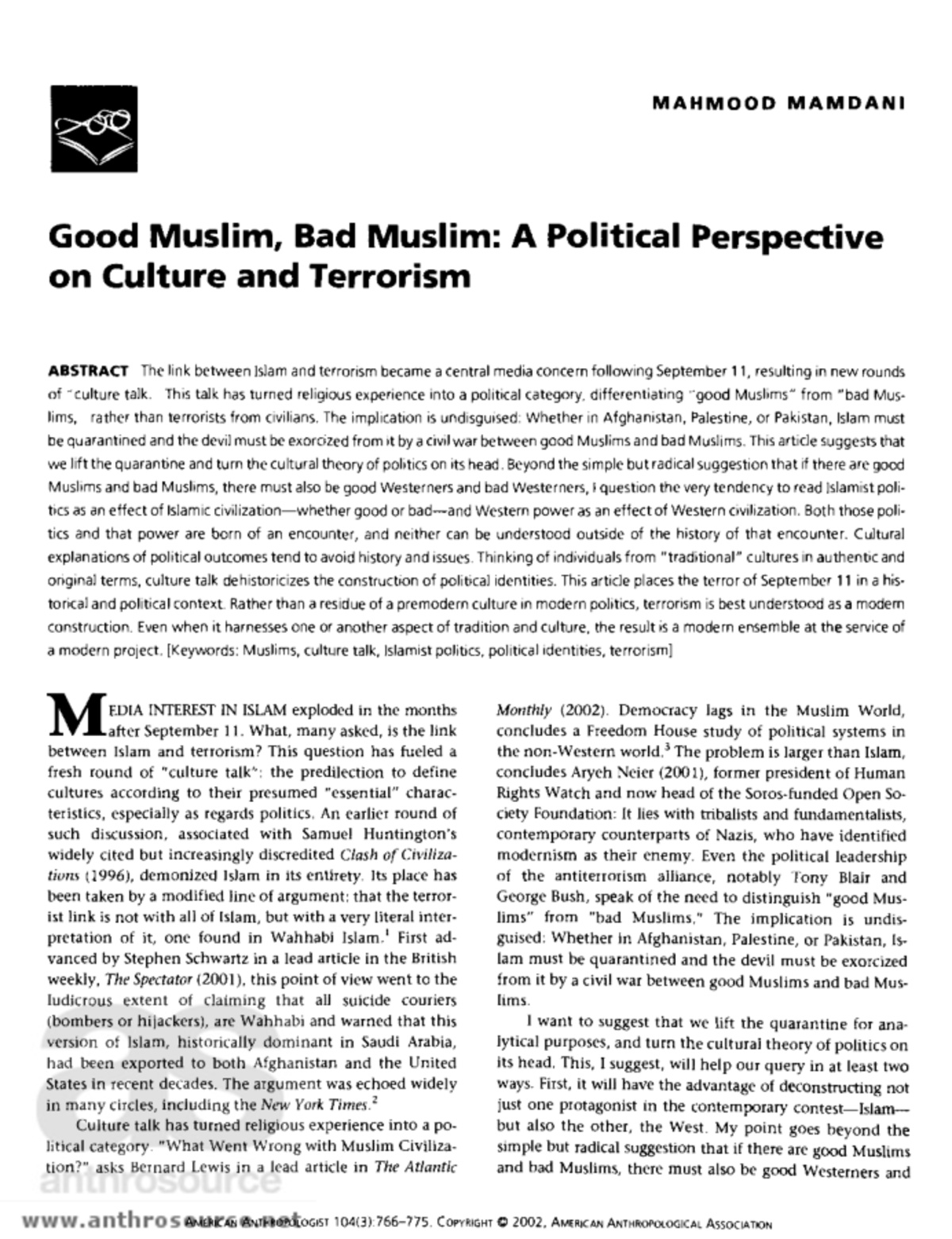 MAHMOOD MAMDANI: Good Muslim, Bad Muslim - A Political Analysis - Studocu