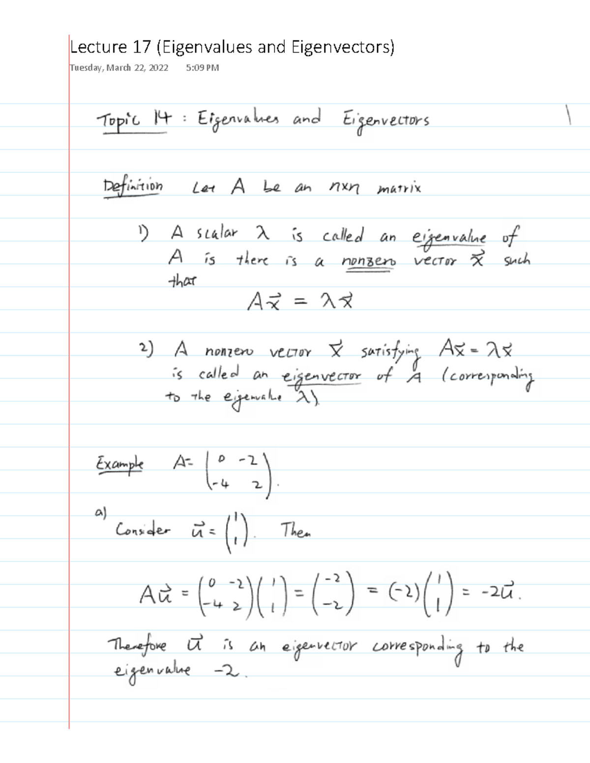 Lecture 17: Eigenvalues and Eigenvectors Overview (Math 101) - Studocu