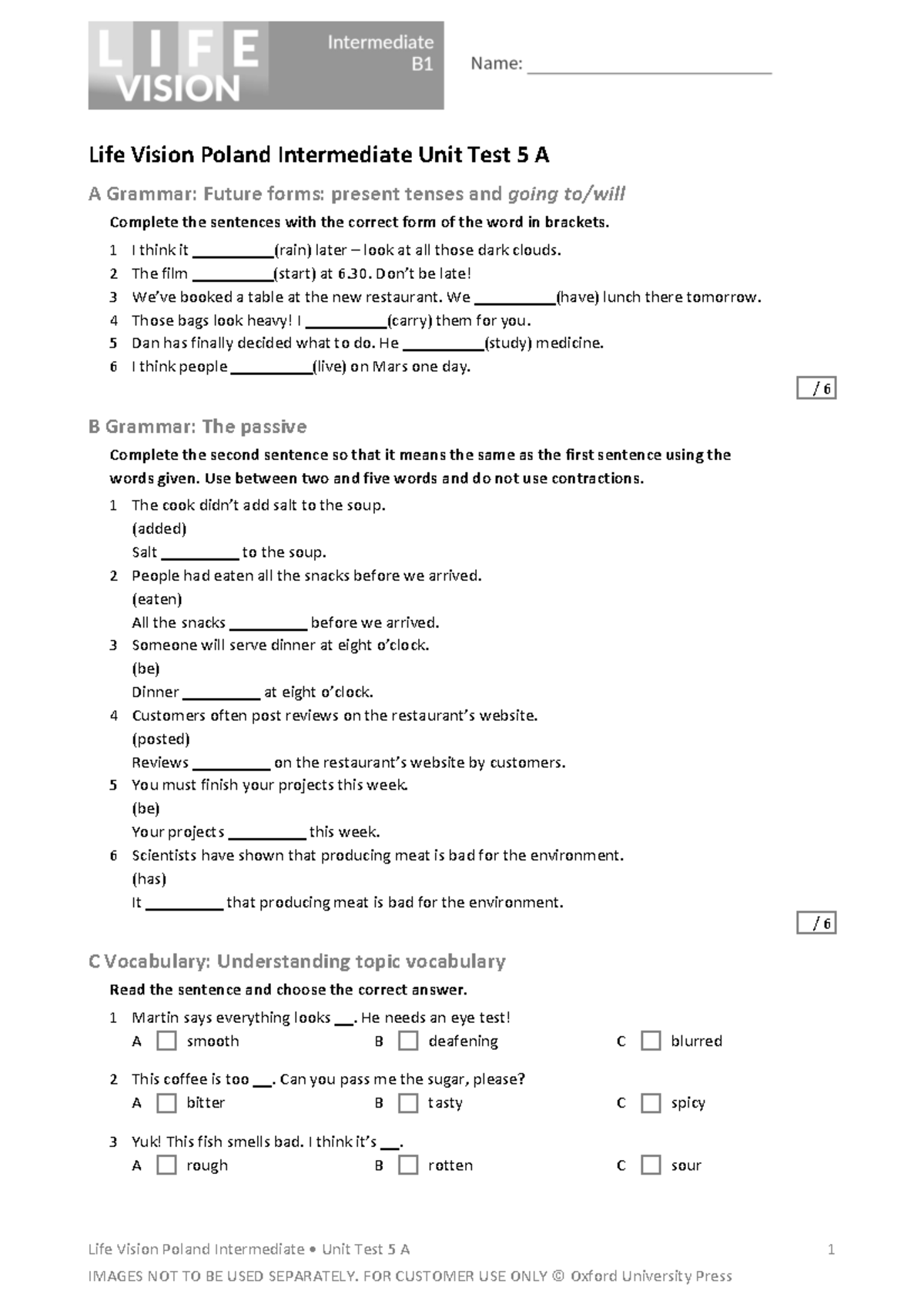 Life Vision Poland Intermediate Unit Test 5A – Grammar and Vocabulary ...