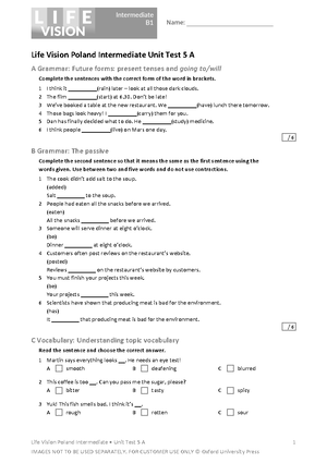 Life Vision Poland Intermediate • Unit Test 4B: Grammar & Vocabulary ...