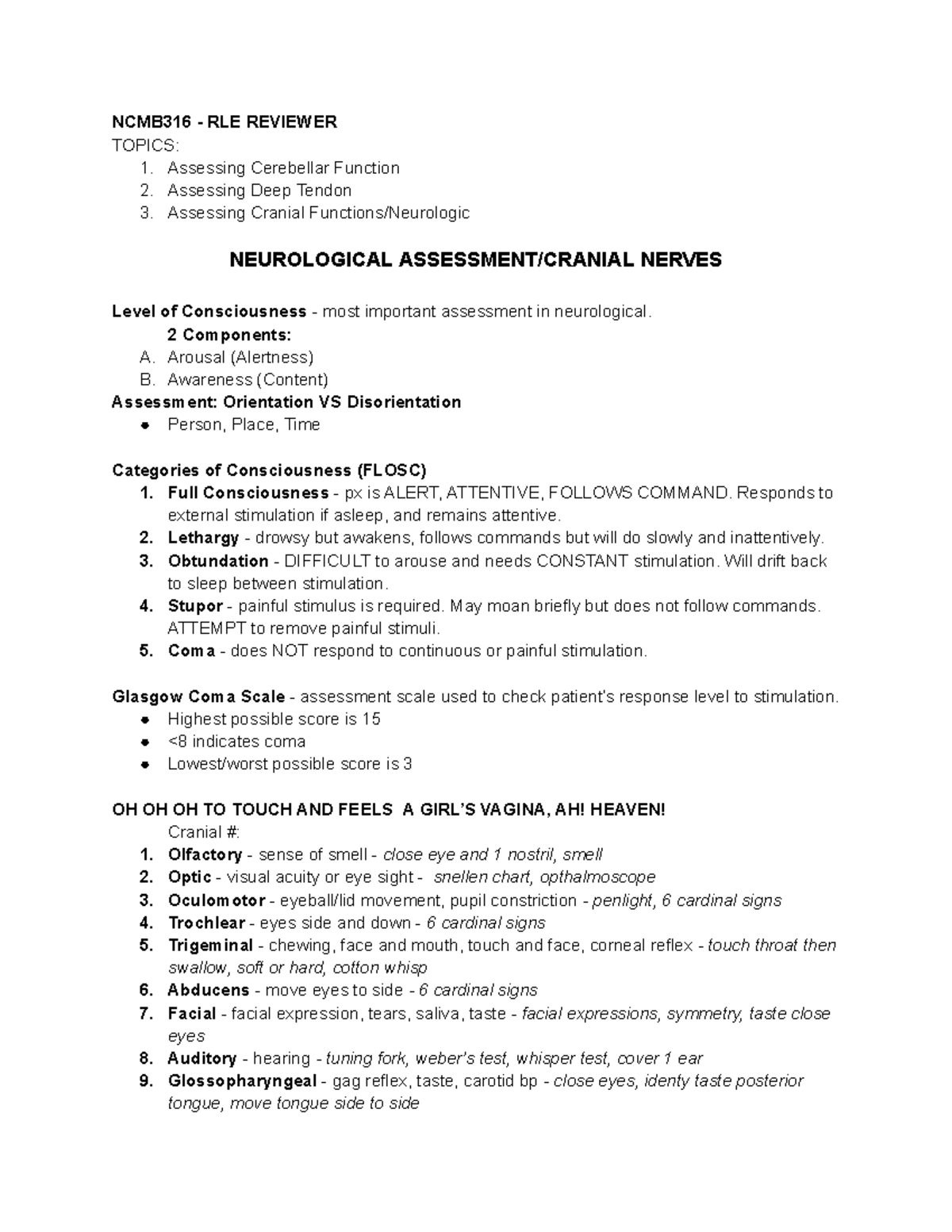 NCMB316 - RLE Review: Neurological Assessment & Cerebellar Function ...