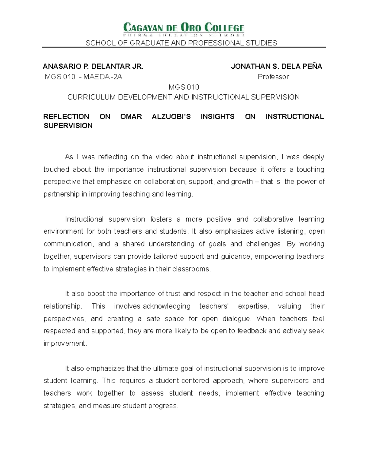 MGS 010 Activity No. 04 Reflection on Instructional Supervision ...