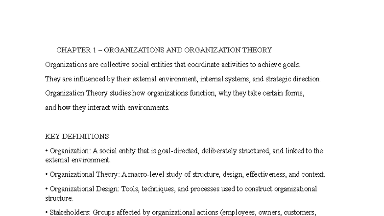 Organization Theory Notes: CHAPTER 1 - Understanding Organizations and ...